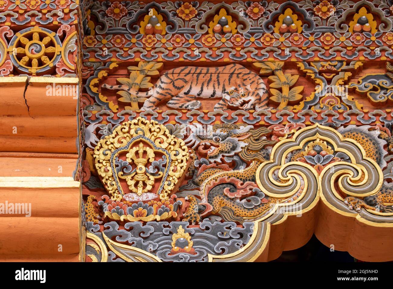 Bhutan. Traditional hand painted and carved wooden architectural detail ...