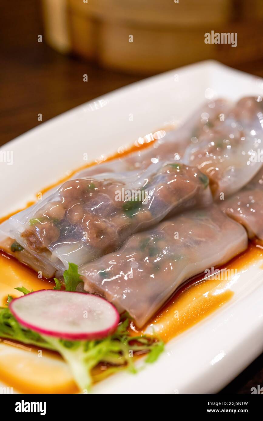 A plate of delicious Cantonese-style morning tea dim sum, steamed beef ...