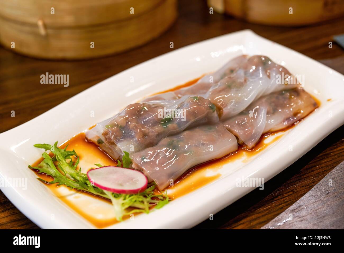 A plate of delicious Cantonese-style morning tea dim sum, steamed beef ...