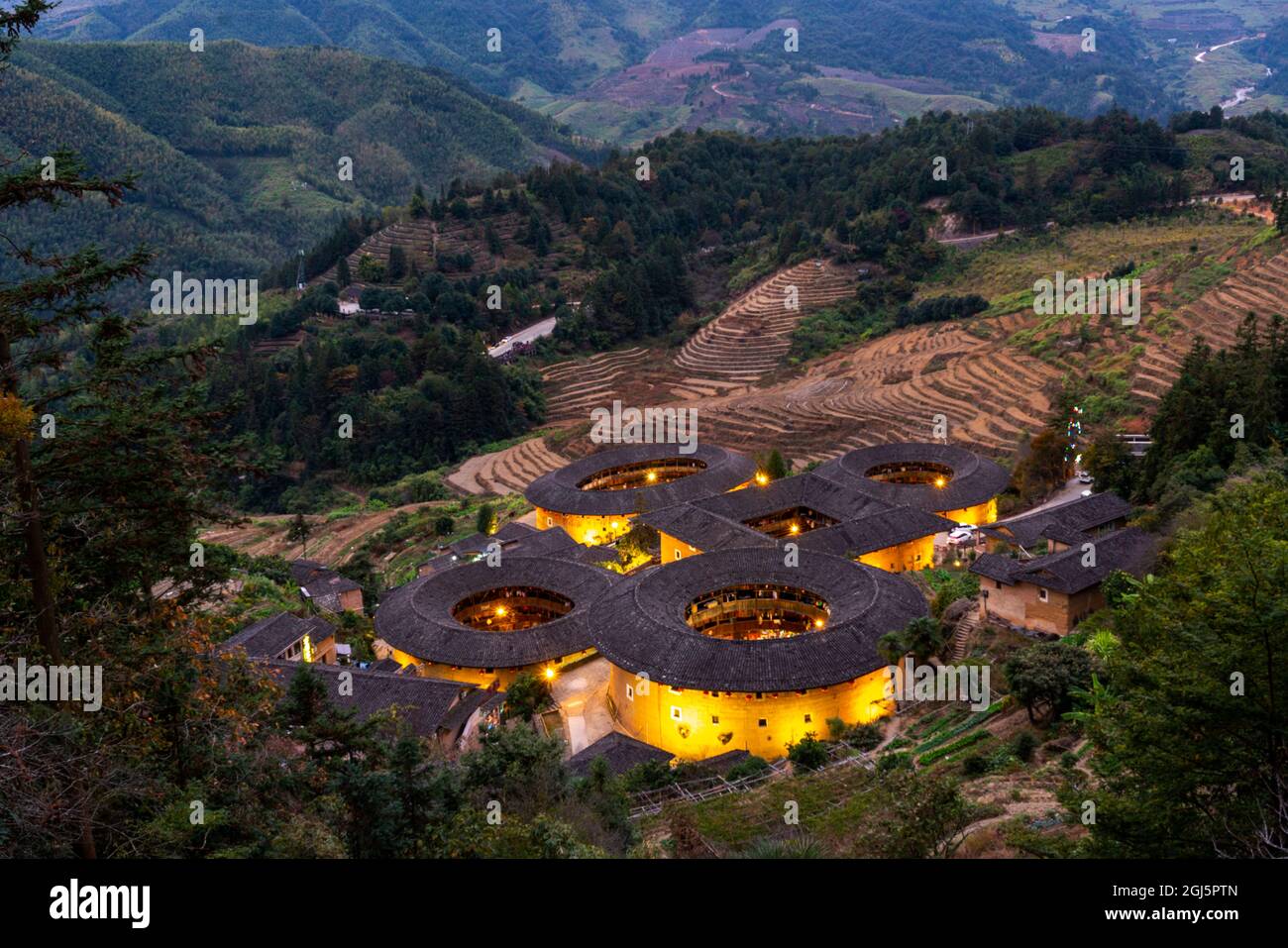 China, Fujian Province, Nanjing County, Tian Lou Keng Tulou. One of the ...