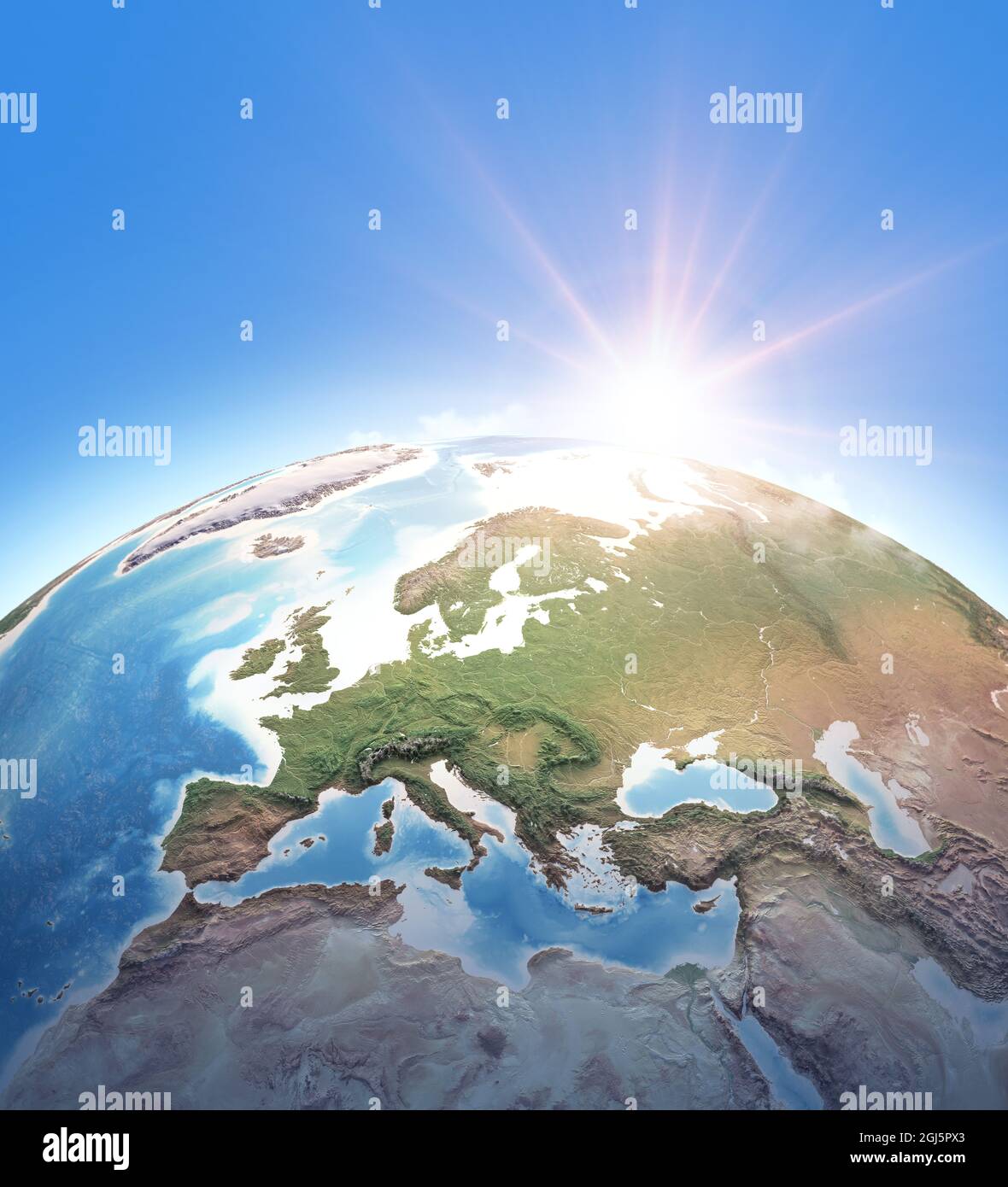 Sun shining over Planet Earth. Physical map of Western Europe ...