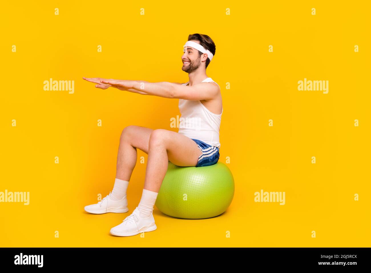 Full length body size profile side view of attractive cheerful guy ...