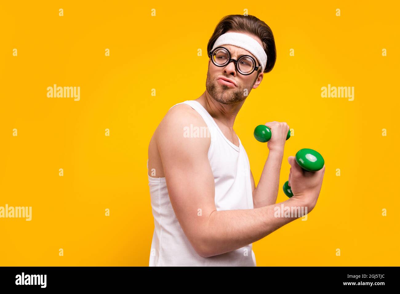 Profile side view portrait of attractive guy nerd doing work out ...