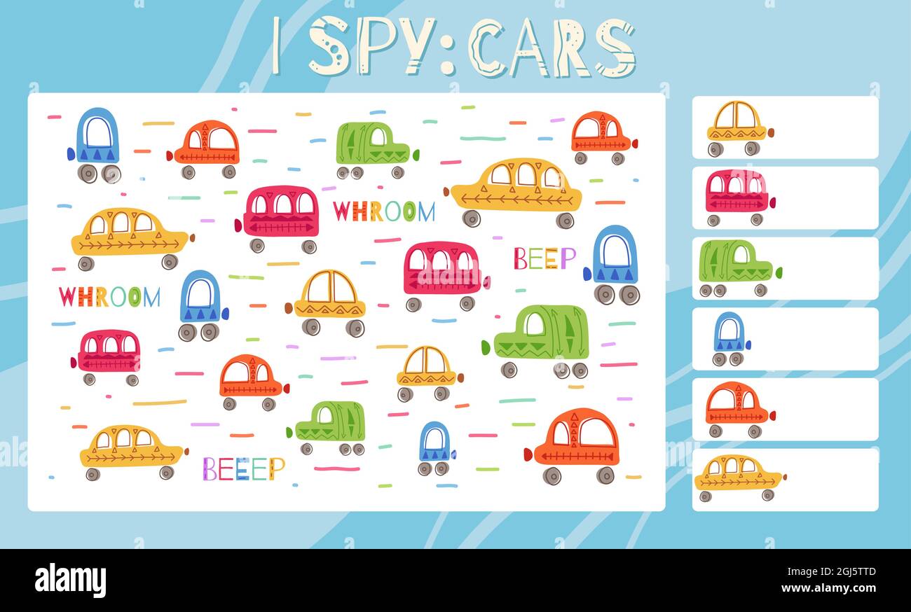 I spy game. Childrens educational fun. Count how many cars. Flat hand ...
