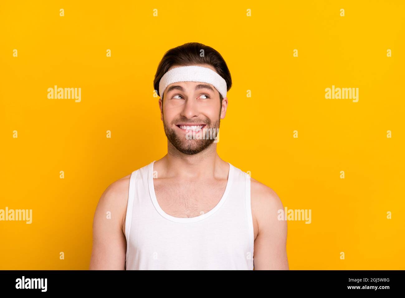 Portrait of attractive cheerful sly guy sportsman overthinking copy ...