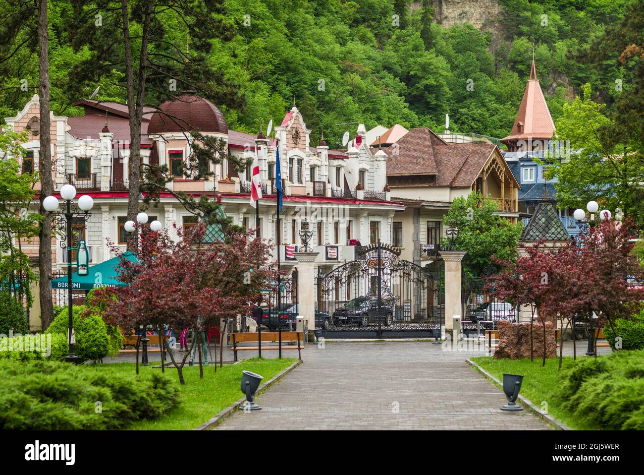 Georgia, Borjomi. Famous mineral water resort, buildings at the water ...