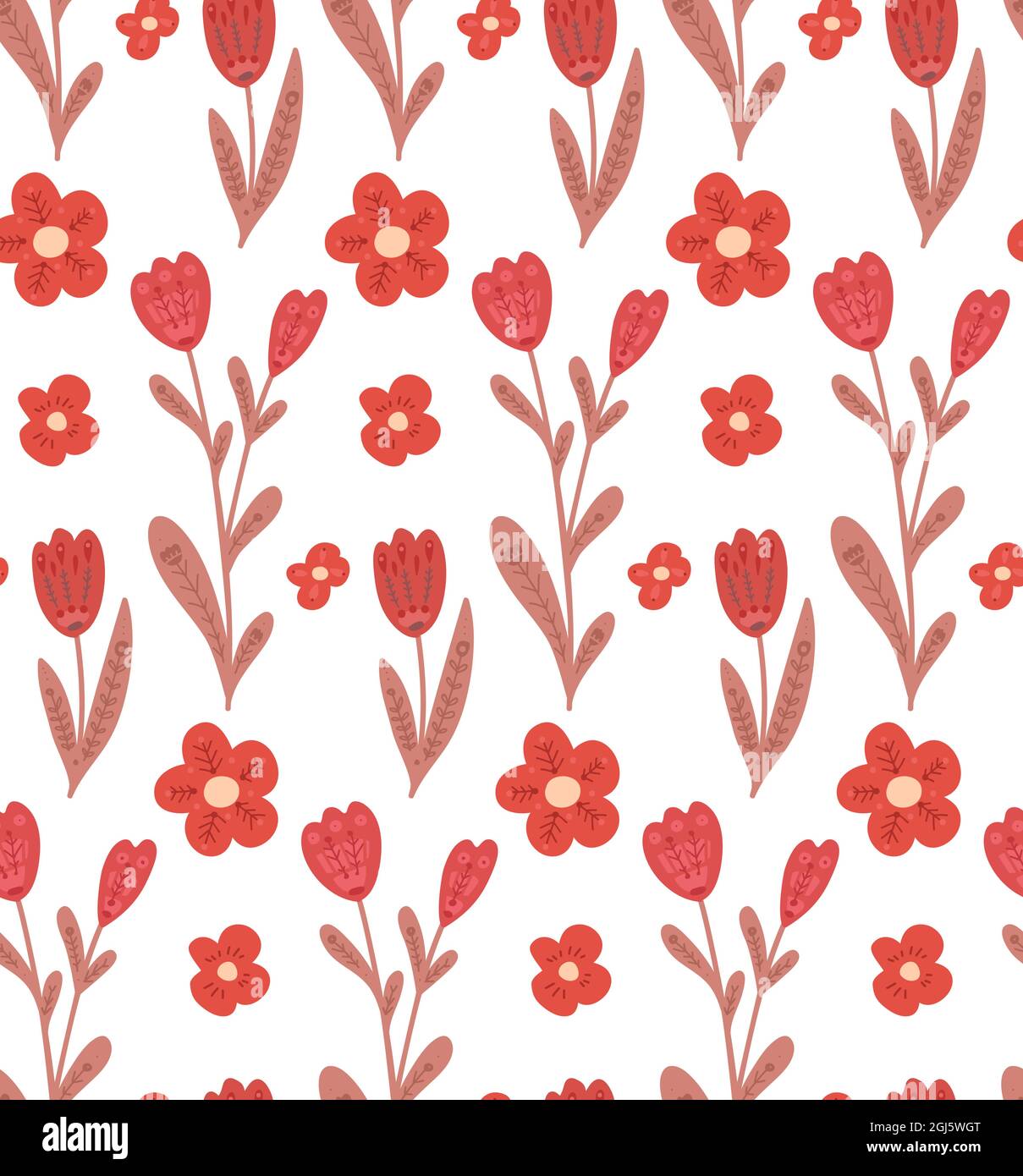 Seamless pattern with simple flowers with folk decorations on white ...