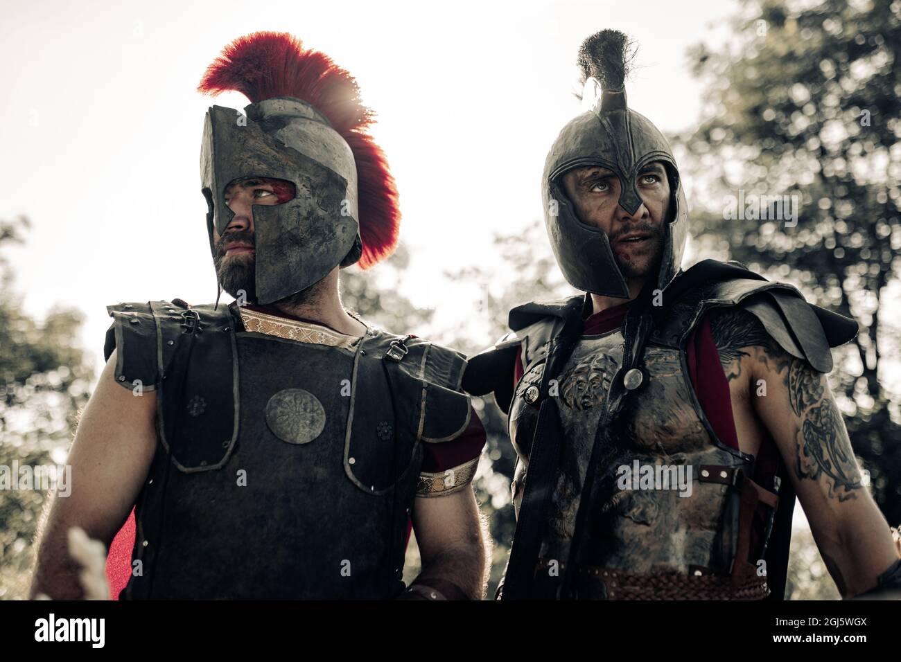 Portrait of two ancient Spartan warriors in armor and helmets Stock ...