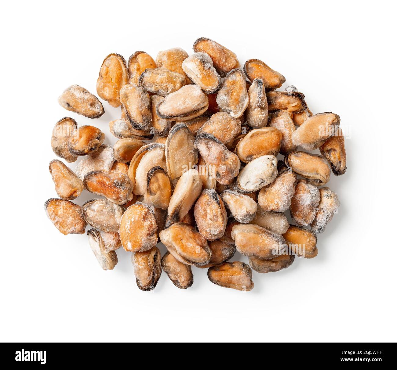 Heap of frozen peeled mussel meat isolated on a white background. Iced ...