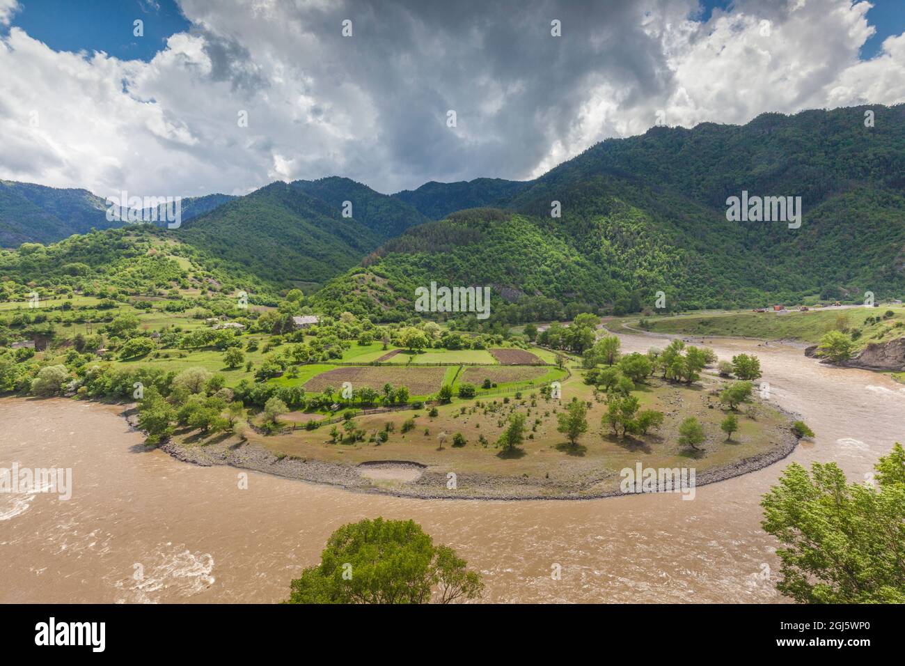 Georgia, Atsquri. Landscape at a bend of the Mtkvari River Stock Photo ...