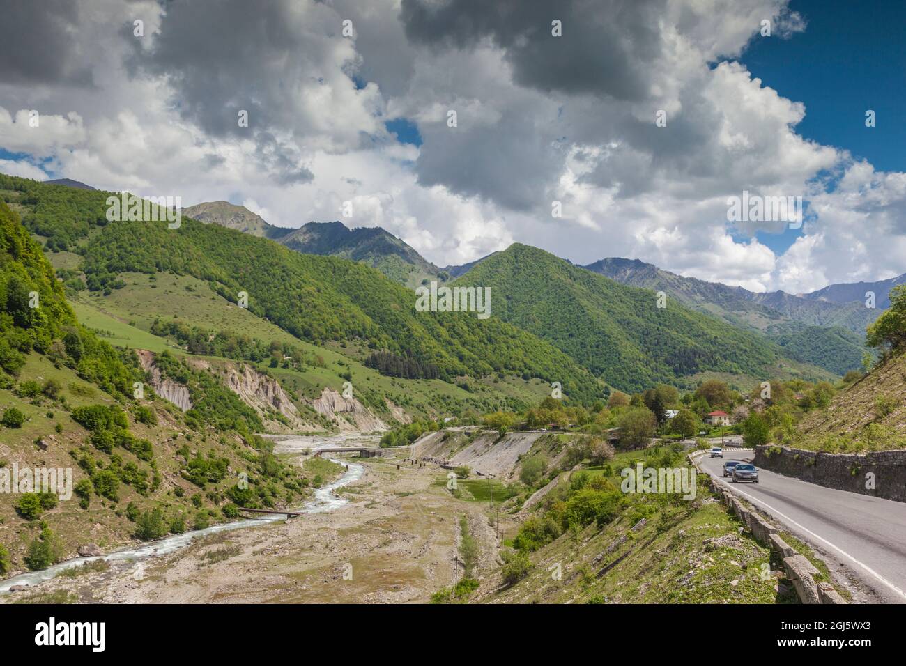 Georgia, Georgian Military Highway, Pasanauri. View of the Aragvi River ...