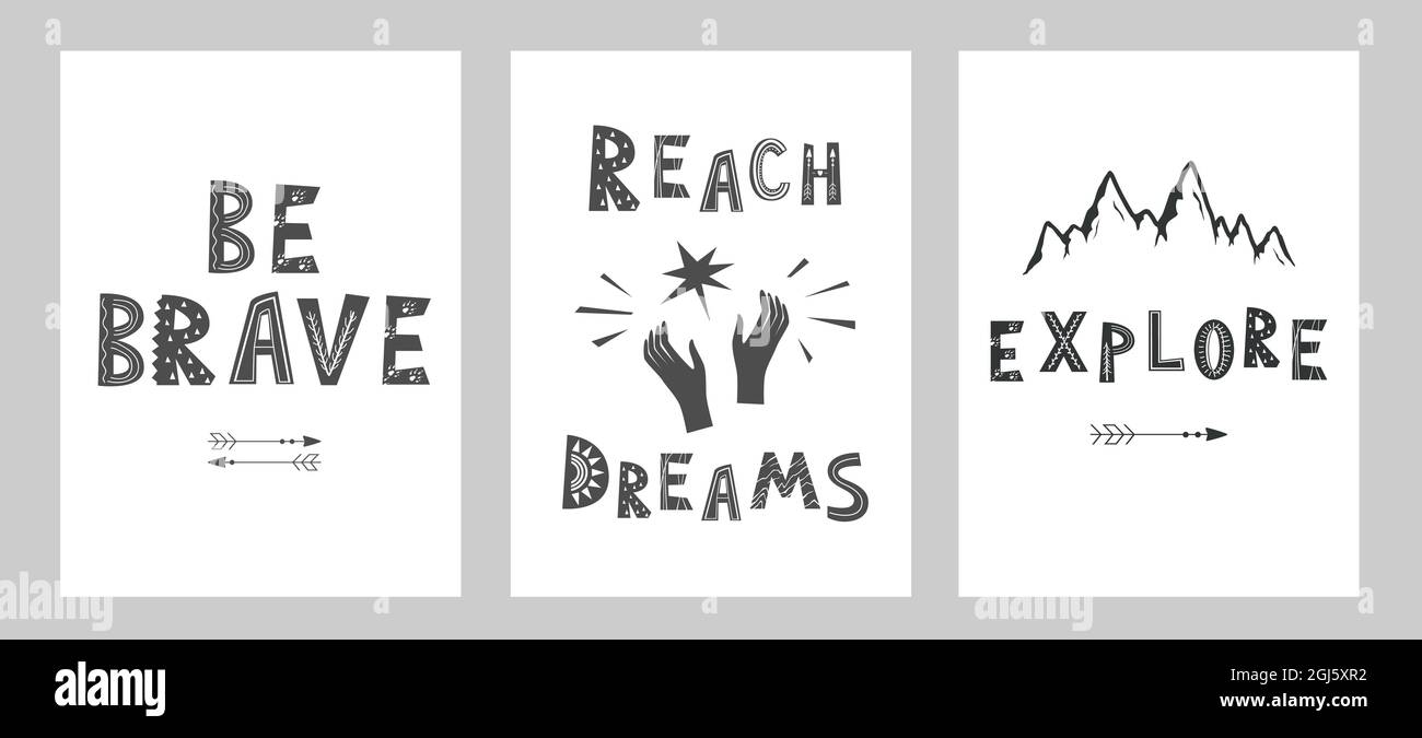 Vector lettering Posters Set in Scandinavian style. Reach Dreams, Be ...