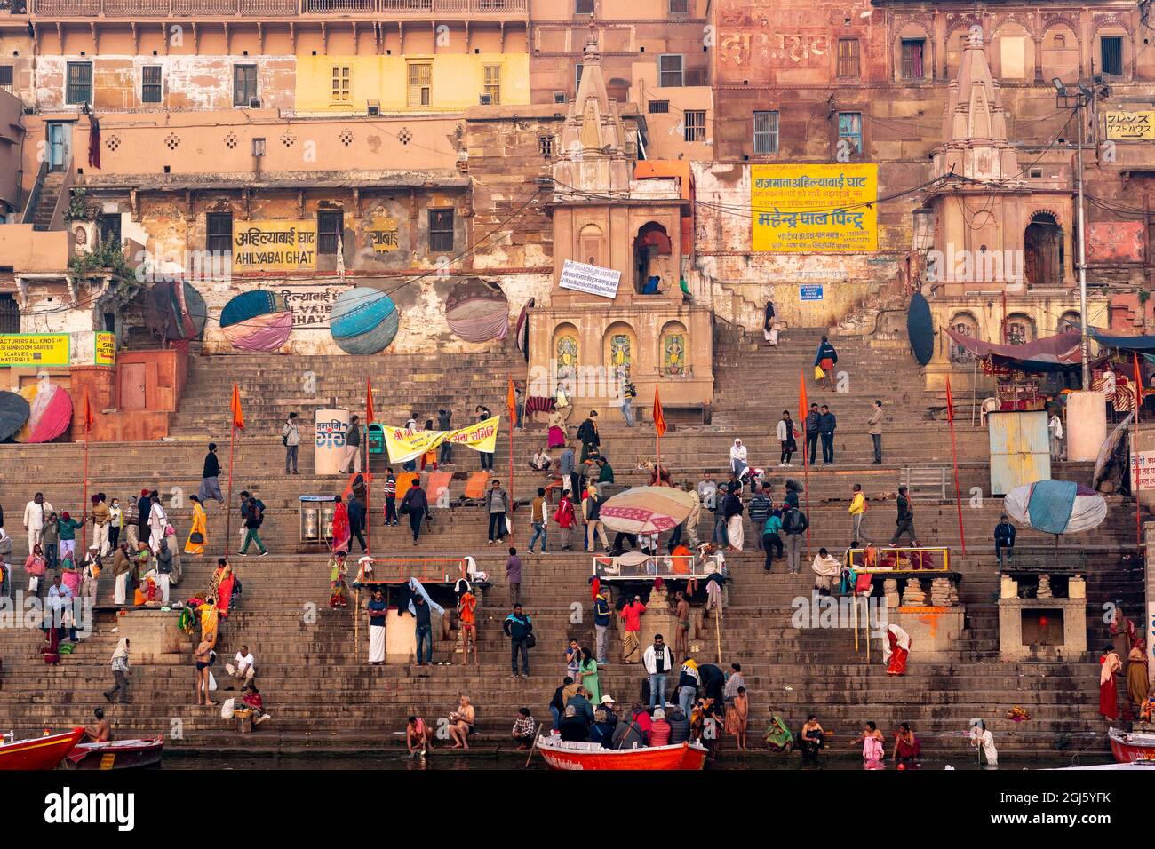 India, Uttar Pradesh, Varanasi, Ganges River, ghats. The steps leading ...