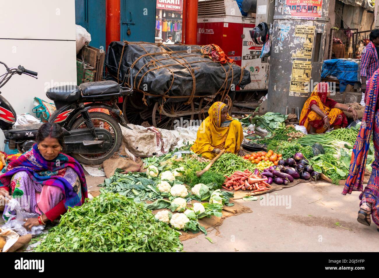 India, Uttar Pradesh, Varanasi, Ganges River. Vegetable markets are set ...