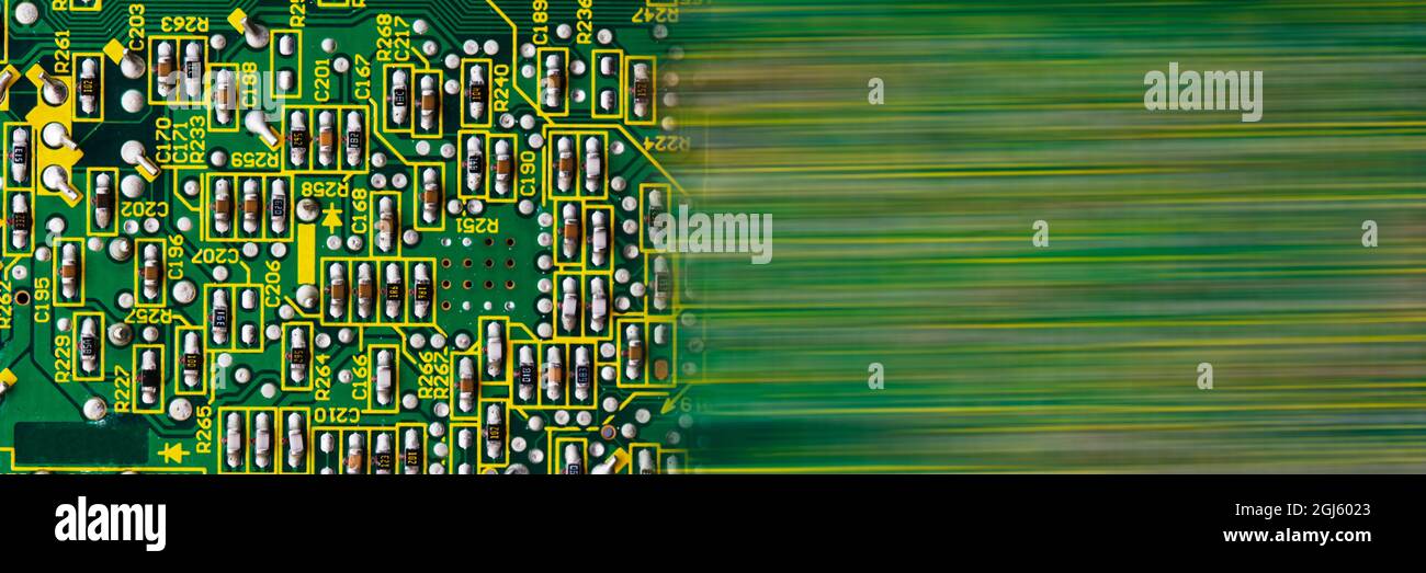 Panoramic banner Green printed circuit board PCB with chip texture or ...
