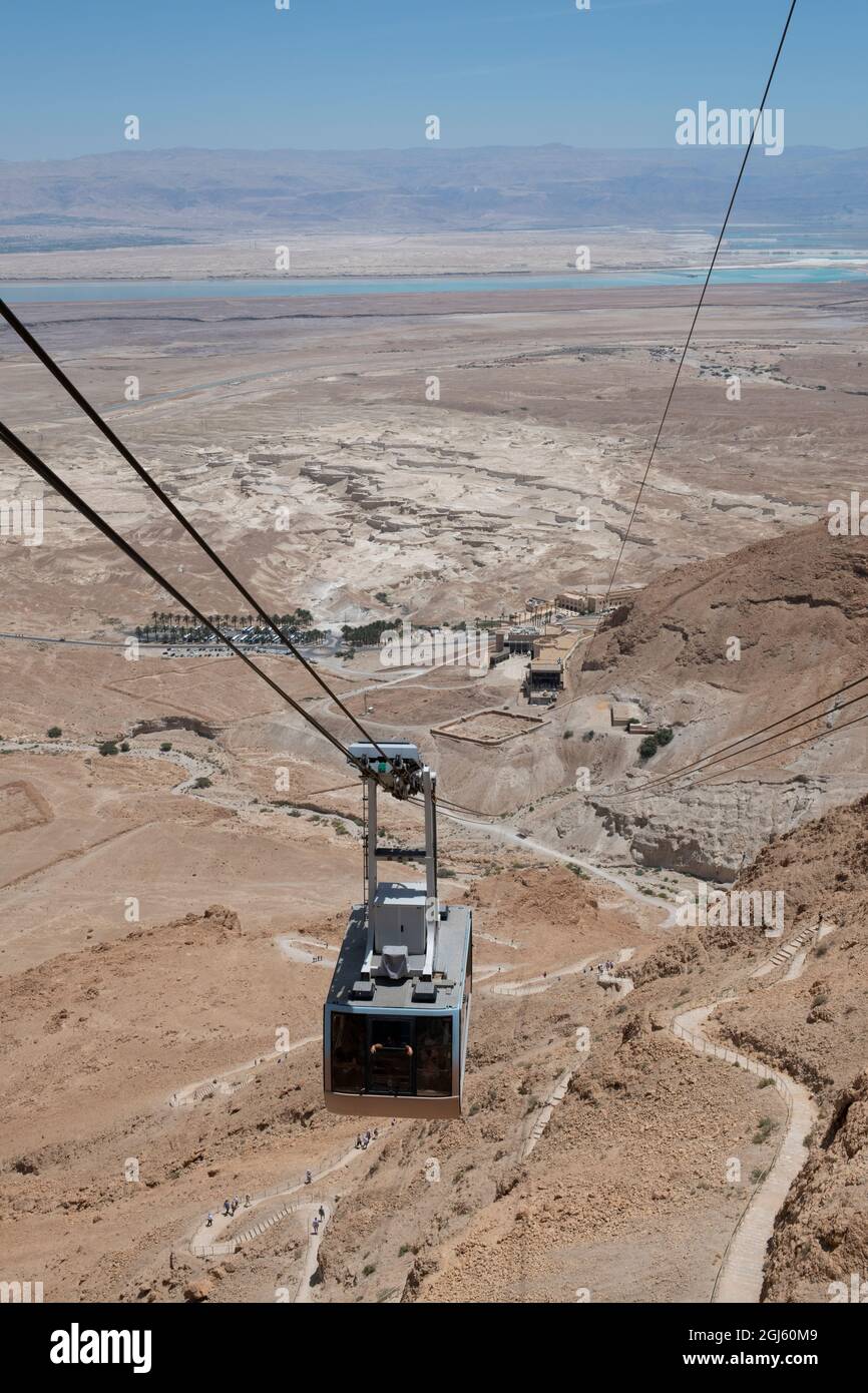 Israel, historic Masada. Cable car to the summit of Masada. View of the ...