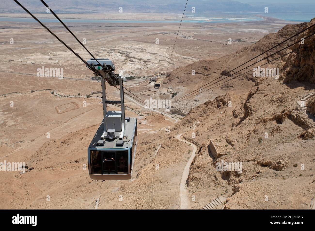 Israel, historic Masada. Cable car to the summit of Masada. View of the ...