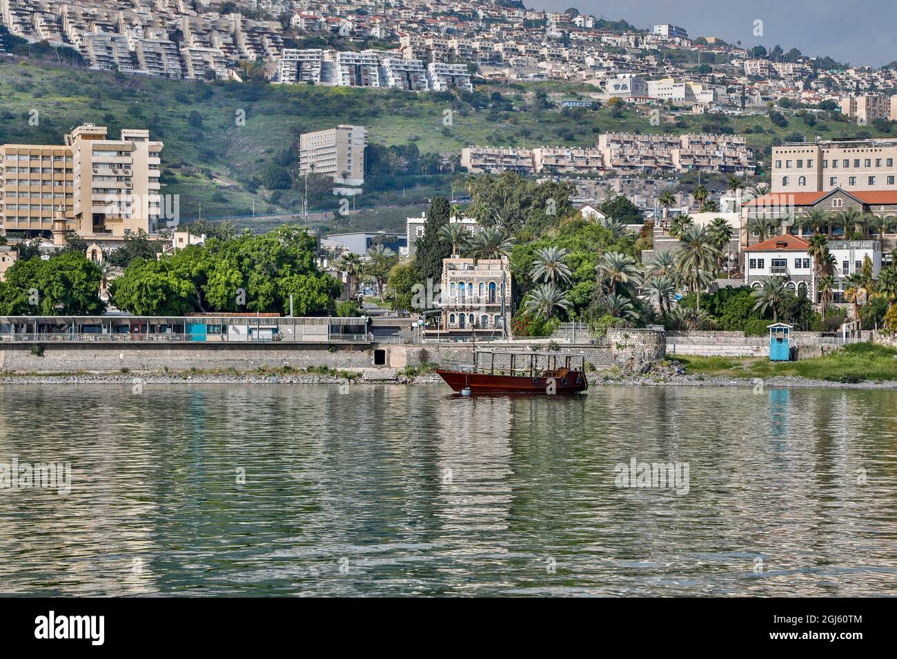 Israel, Tiberius. The Sea of Galilee, replica of a fishing boat of the ...