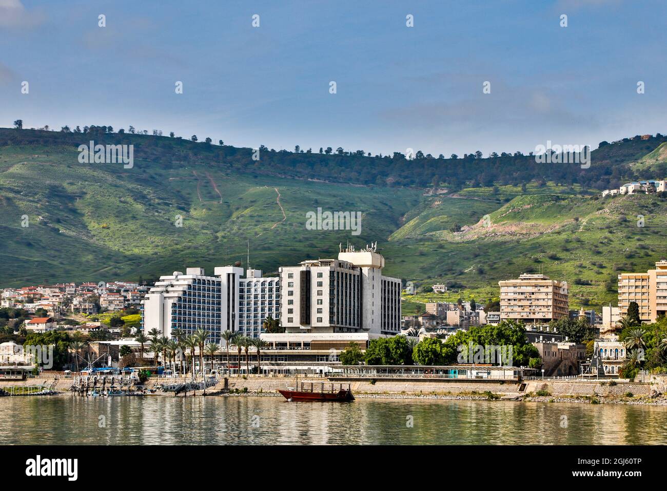 Israel, Tiberius. The Sea of Galilee, replica of a fishing boat of the ...