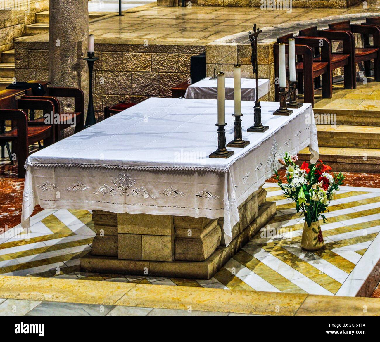 Israel, Nazareth. Basilica of Annunciation, main altar of the Lower ...