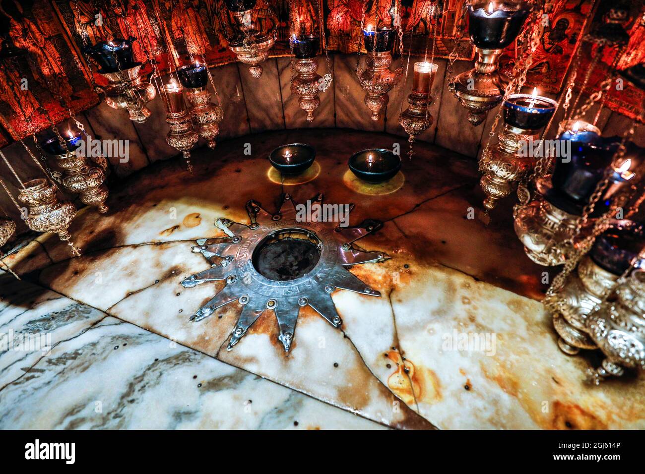 Palestine. Church of the Nativity, silver star marks the place where ...