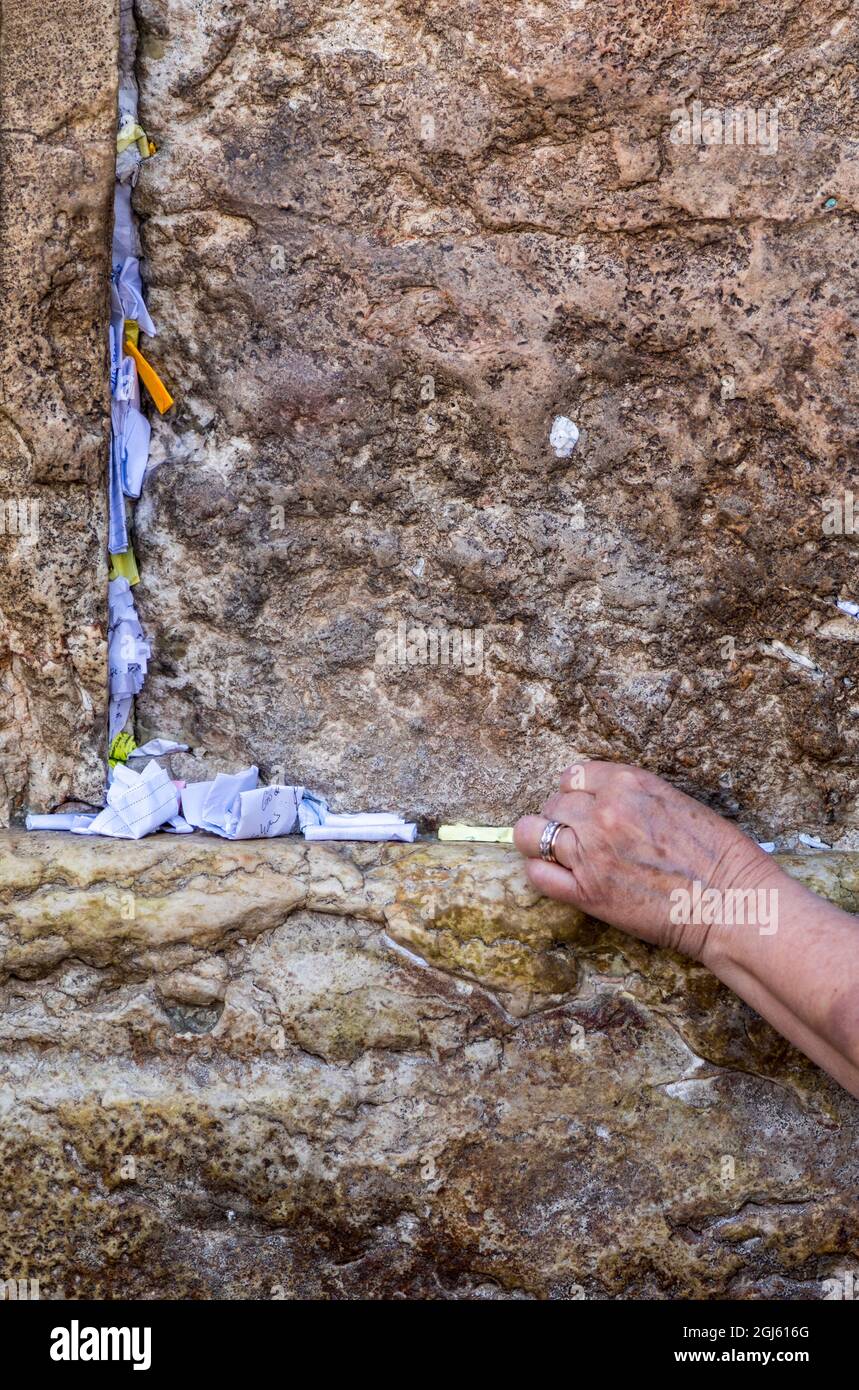 Israel, Jerusalem. The Temple Mount, the Western Wall, pieces of paper ...