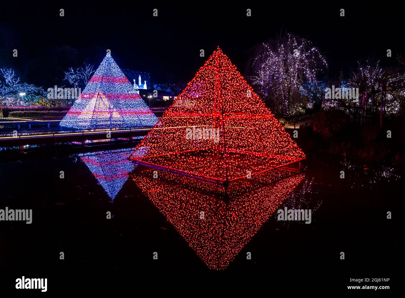A colorful and fantastic scene of pyramids, trees consisting entirely ...