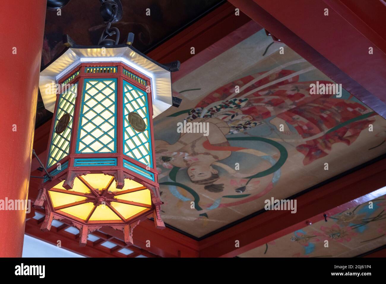Hanging Japanese lantern shown against a ceiling painting of the ...
