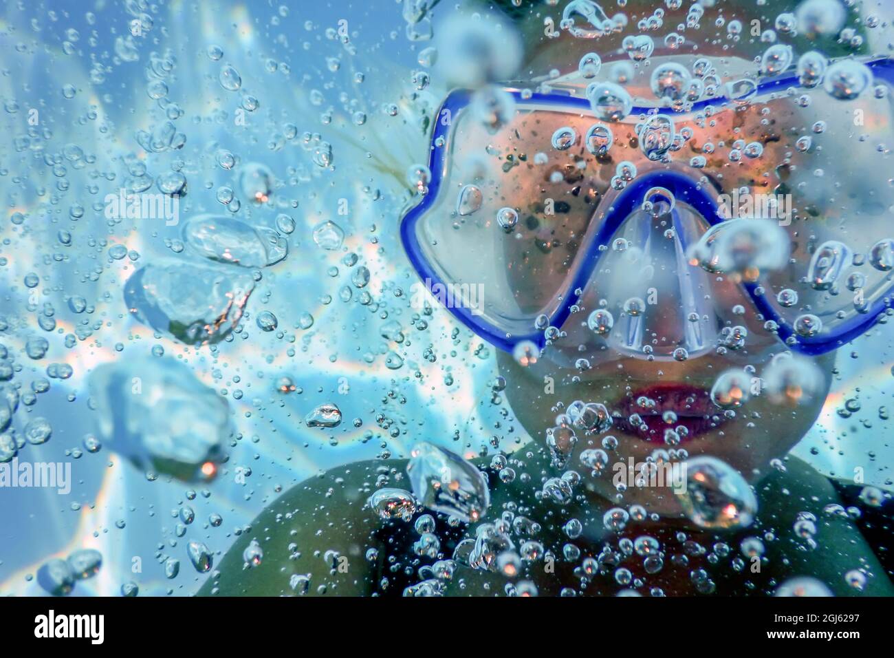 Underwater Woman Snorkeling Mask Bubbles Close Up Portrait, Swimming ...