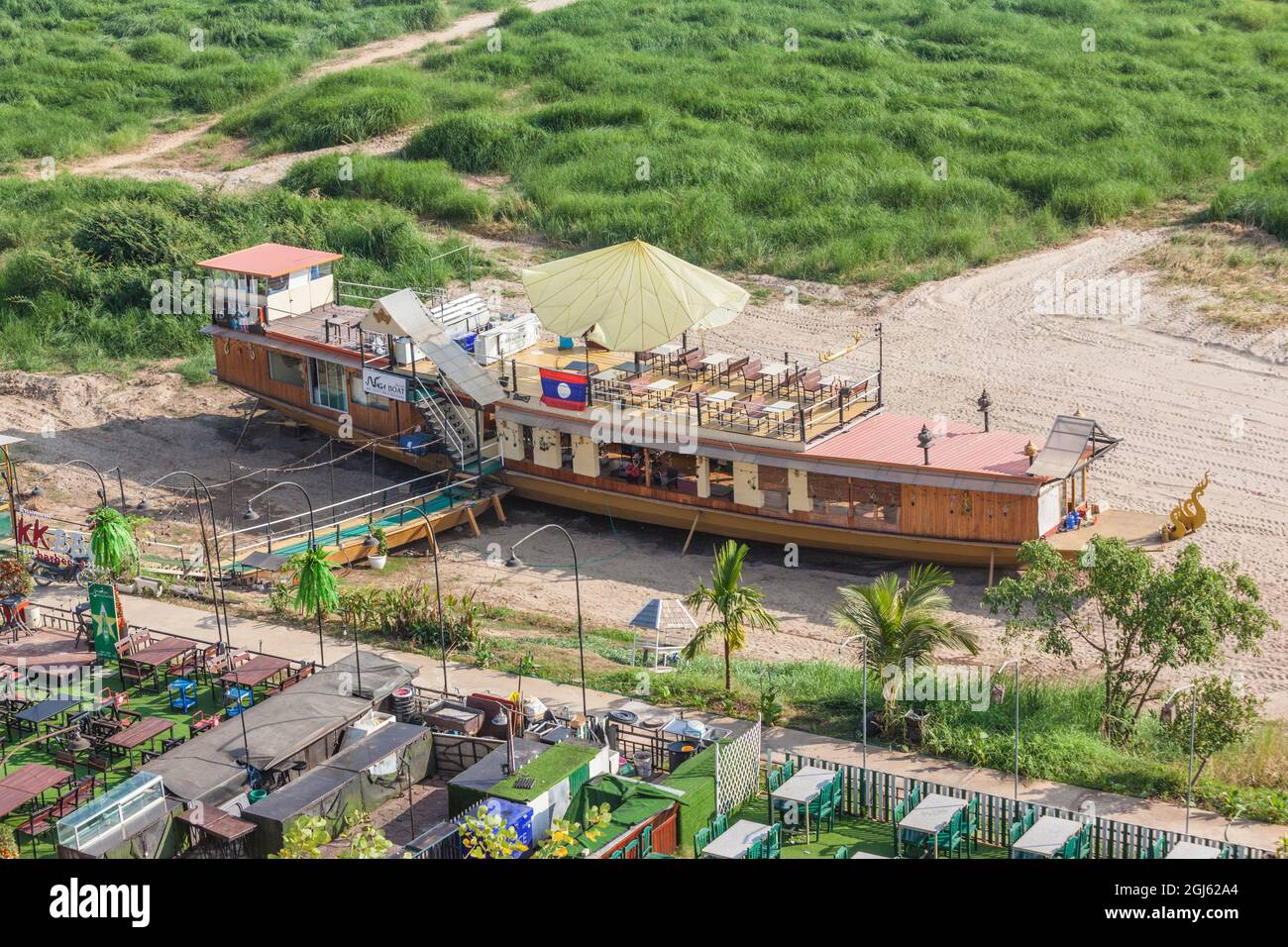 Laos, Vientiane. High angle view of Mekong riverfront restaurant Stock ...