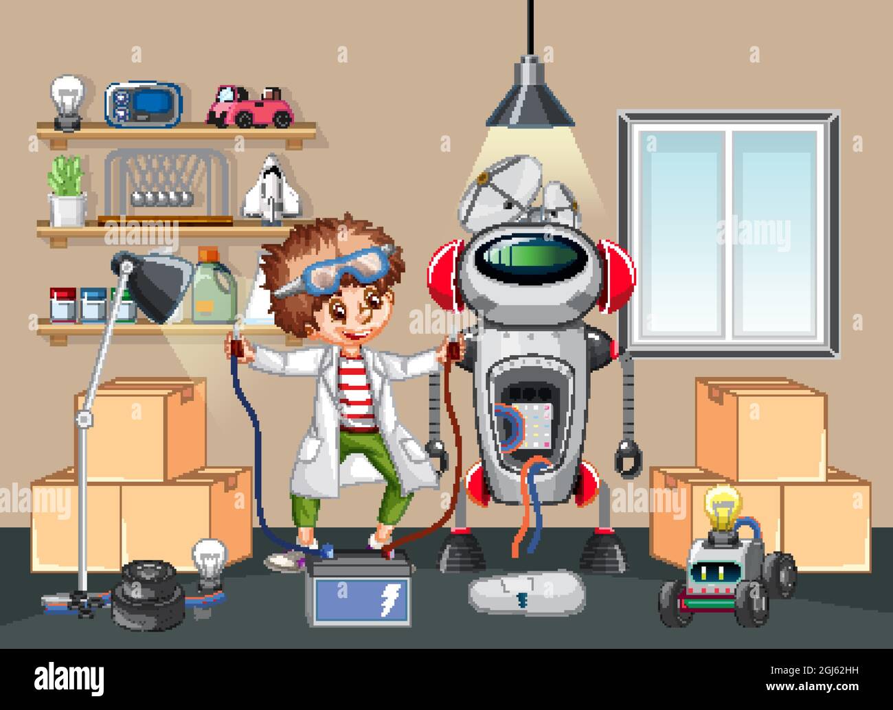 Kids building robot together in the room scene illustration Stock ...