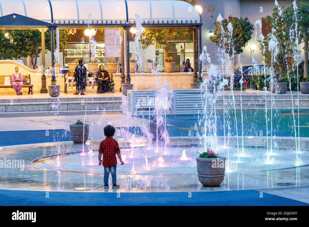 State of Qatar, Doha. Fountains near the Pearl area, marina and ...