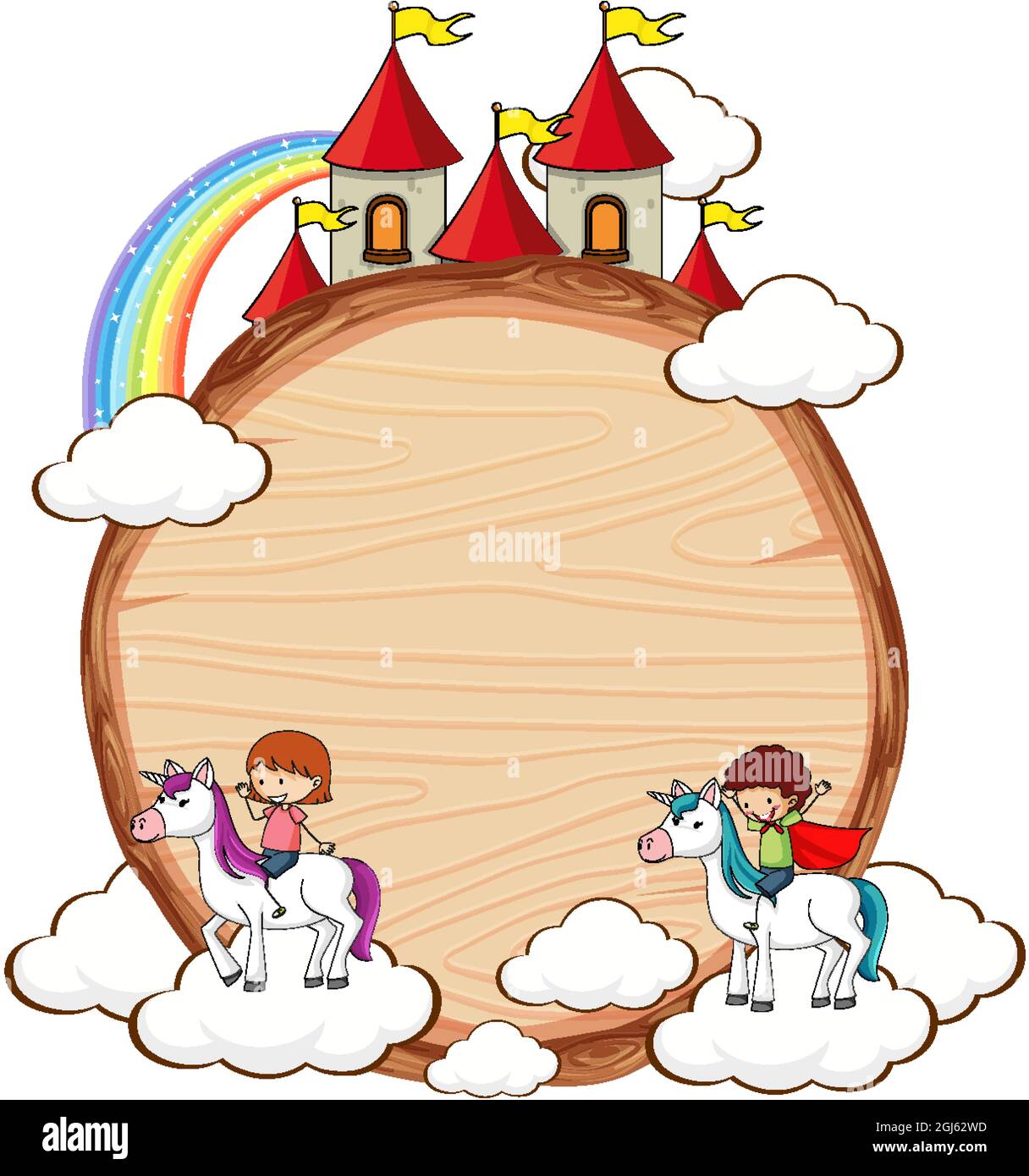 Blank wooden banner with fairy tale cartoon character and elements ...