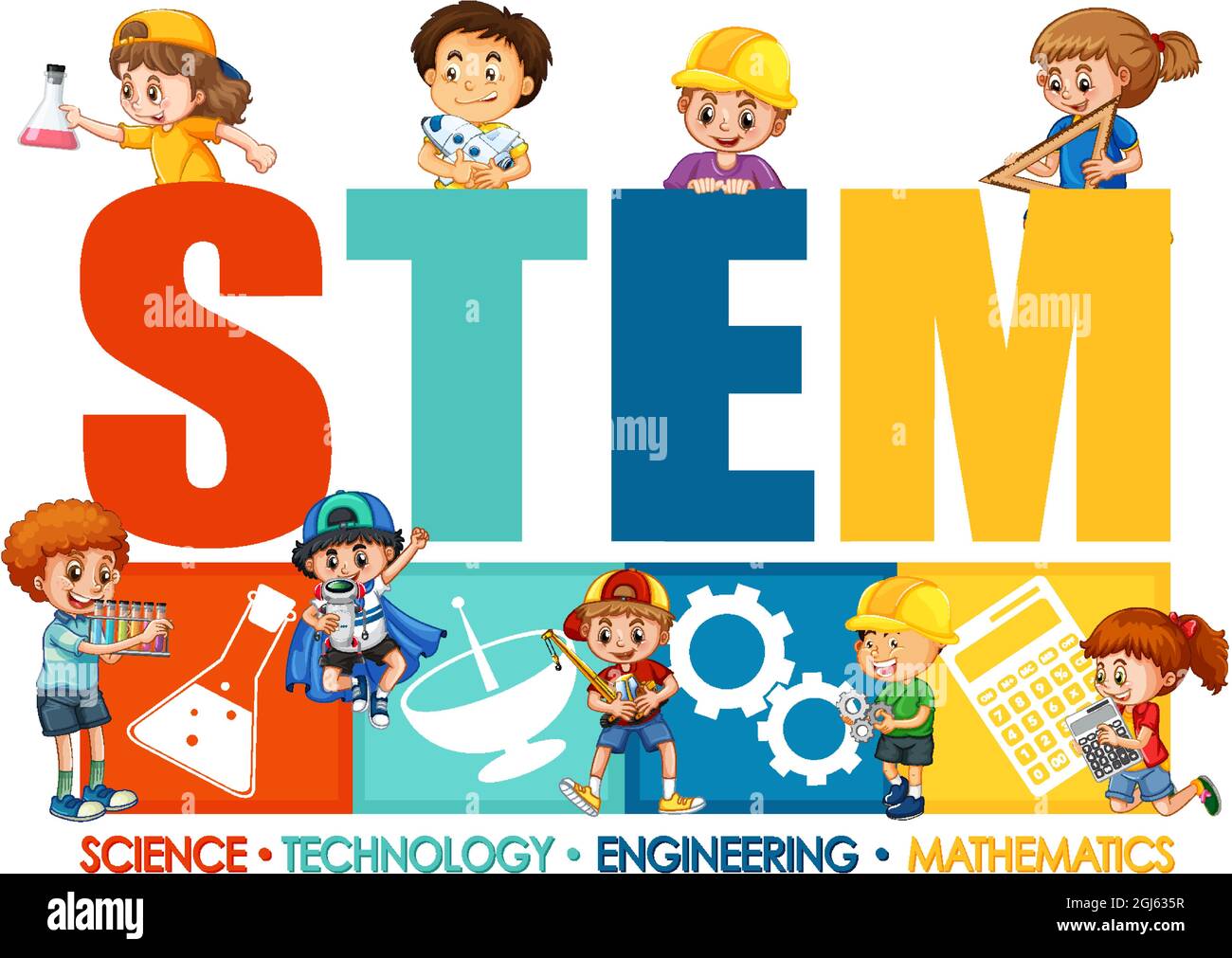 STEM education font logo with children cartoon character illustration ...