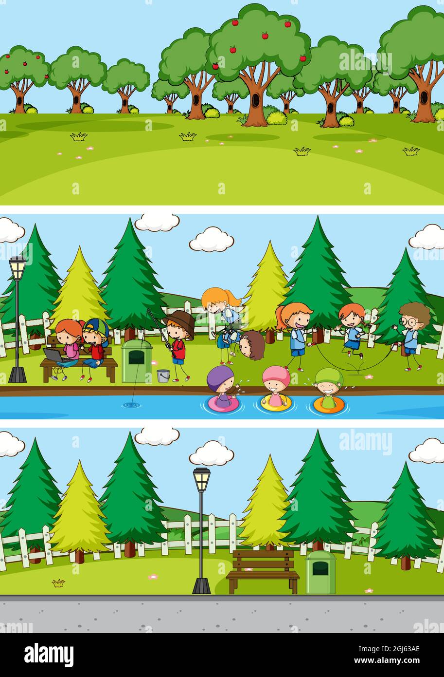 Set of different horizon scenes background with doodle kids cartoon ...