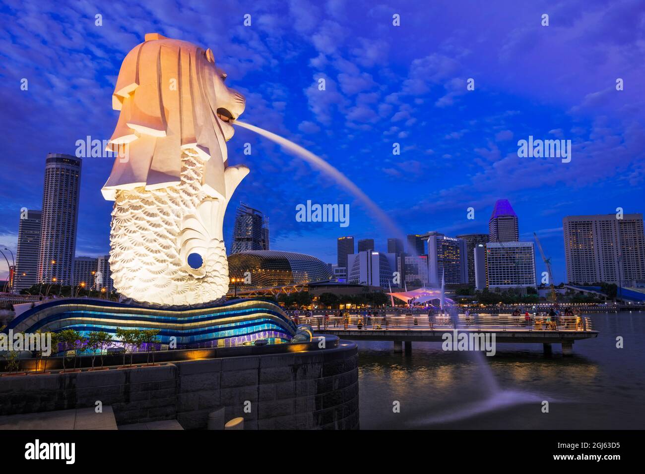 The Merlion Fountain and downtown skyline at night, Singapore Stock ...