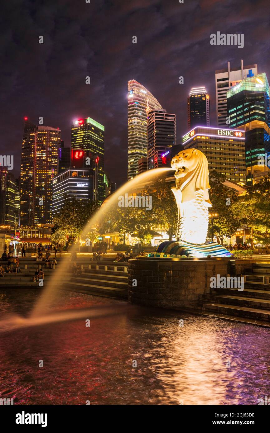 The Merlion Fountain and downtown skyline at night, Singapore Stock ...