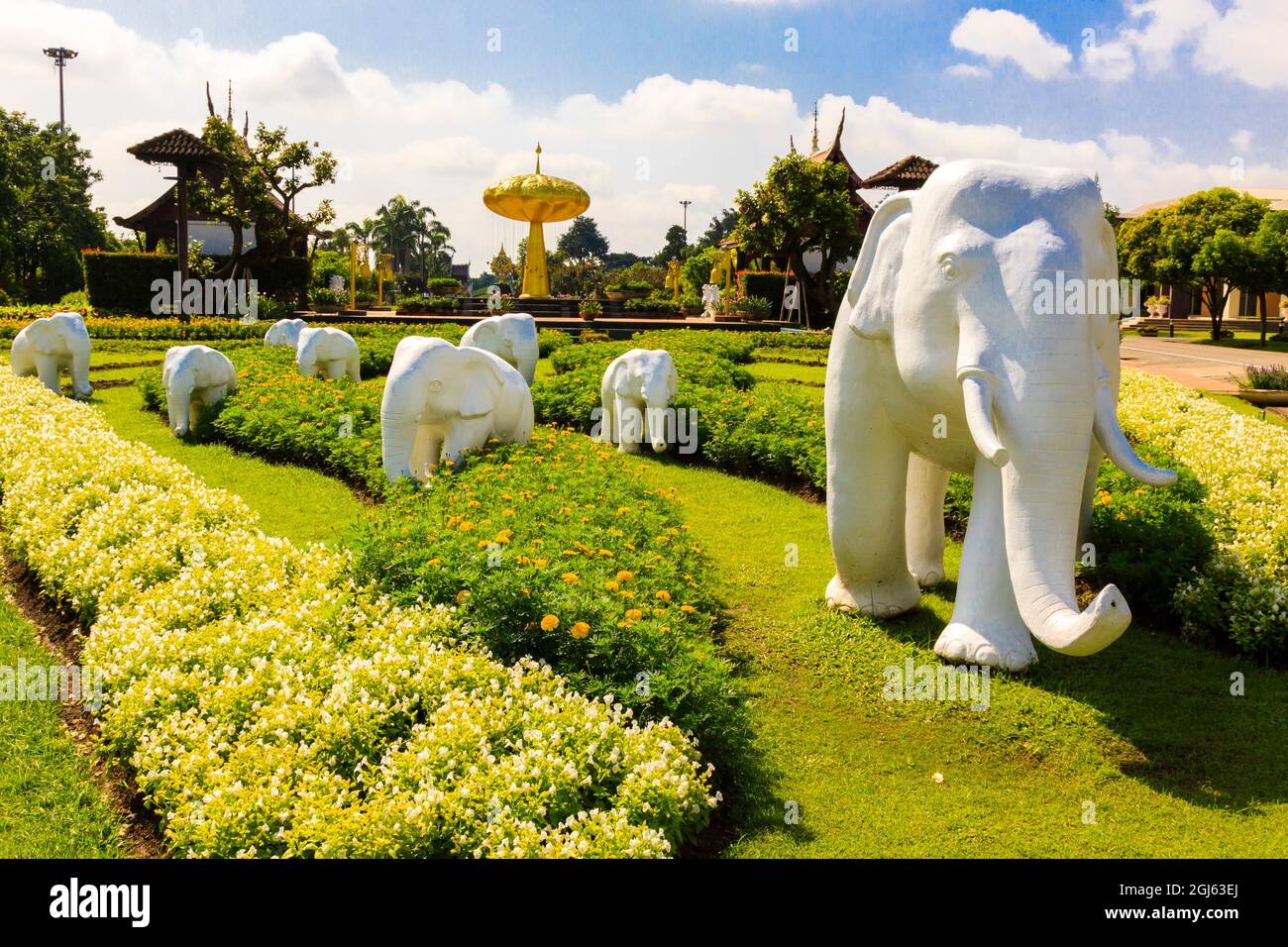 Thailand. Royal Park Ratchaphruek. Statues of white elephants Stock ...