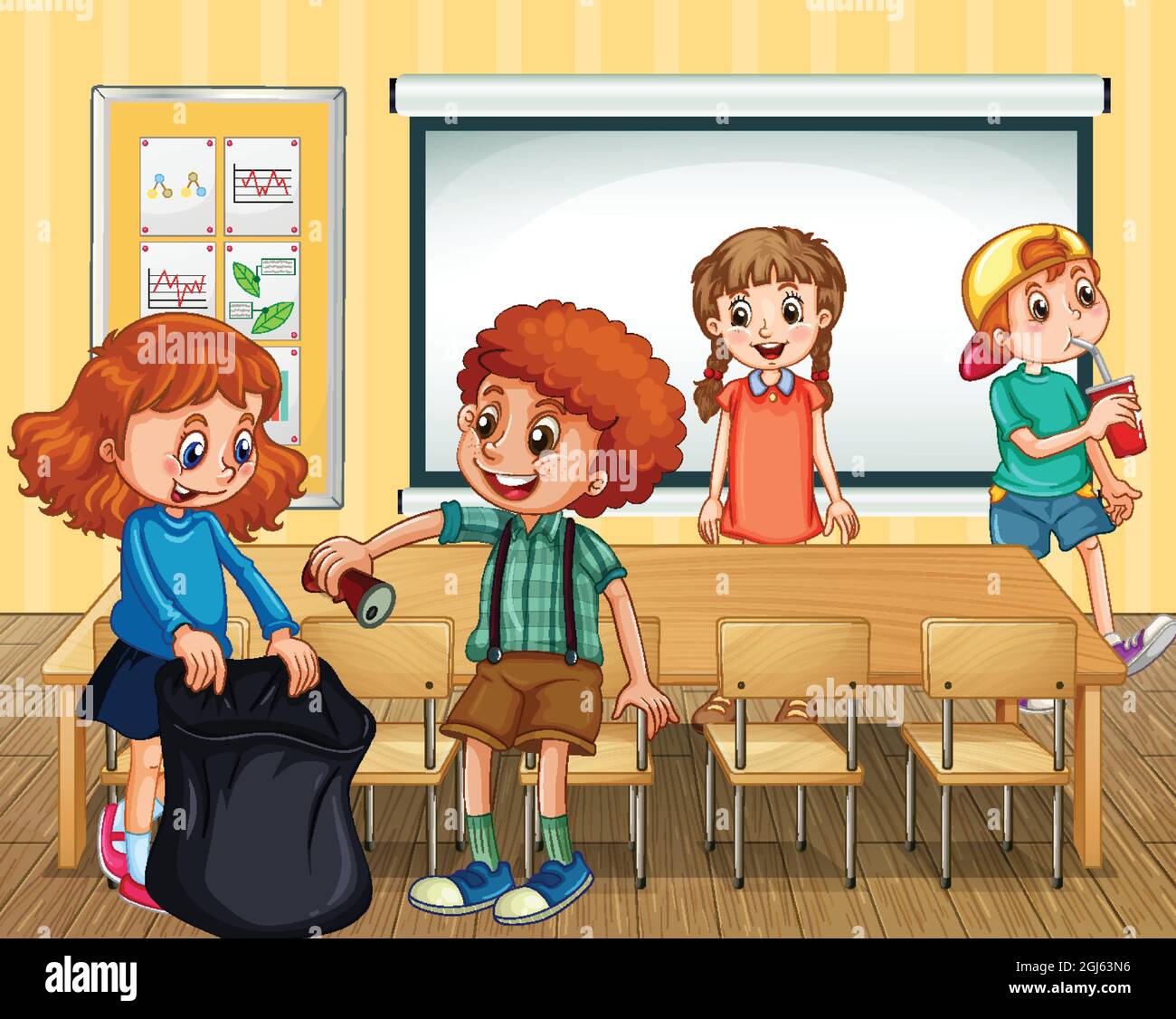 Scene with students cleaning classroom together illustration Stock ...