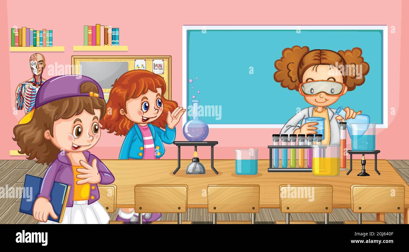School kids doing chemistry experiment in the classroom illustration ...