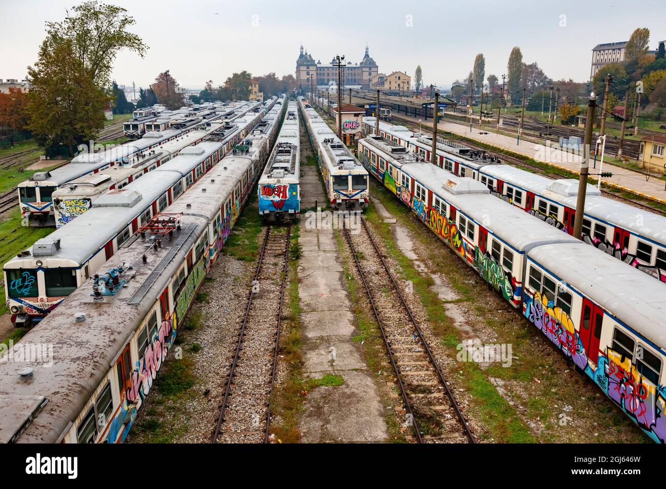 Graffiti covered trains at Haydarpasa train station, Istanbul, Turkey ...