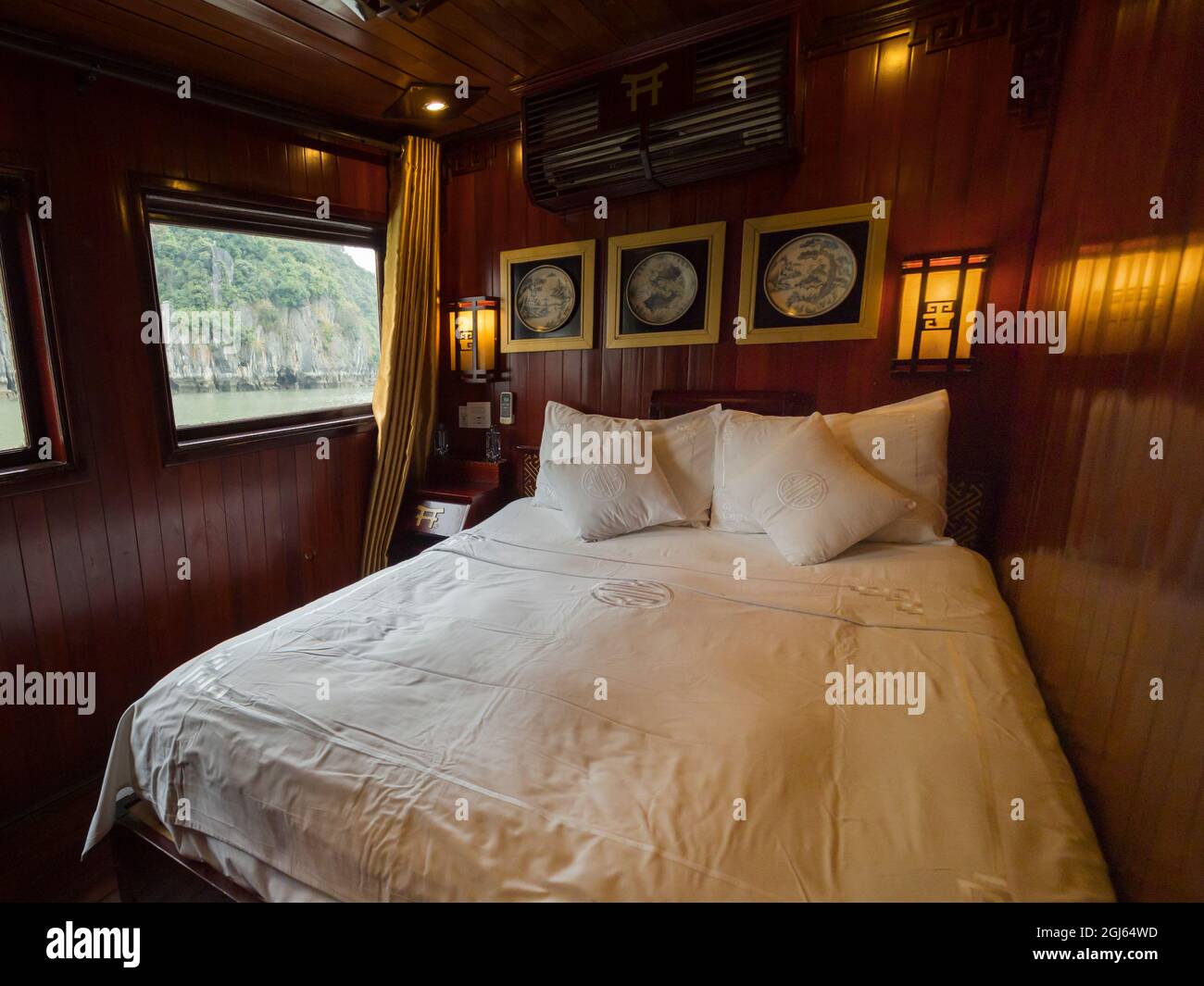 Asia, Viet Nam, Bai Tu Long Bay. Inside cabin of a tour boat Stock ...