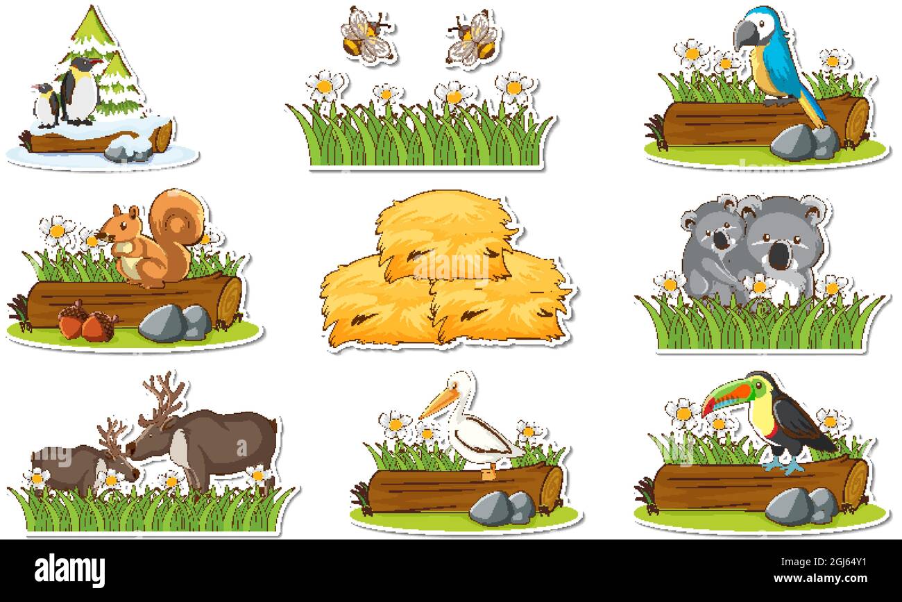 Sticker set with different wild animals and nature elements ...