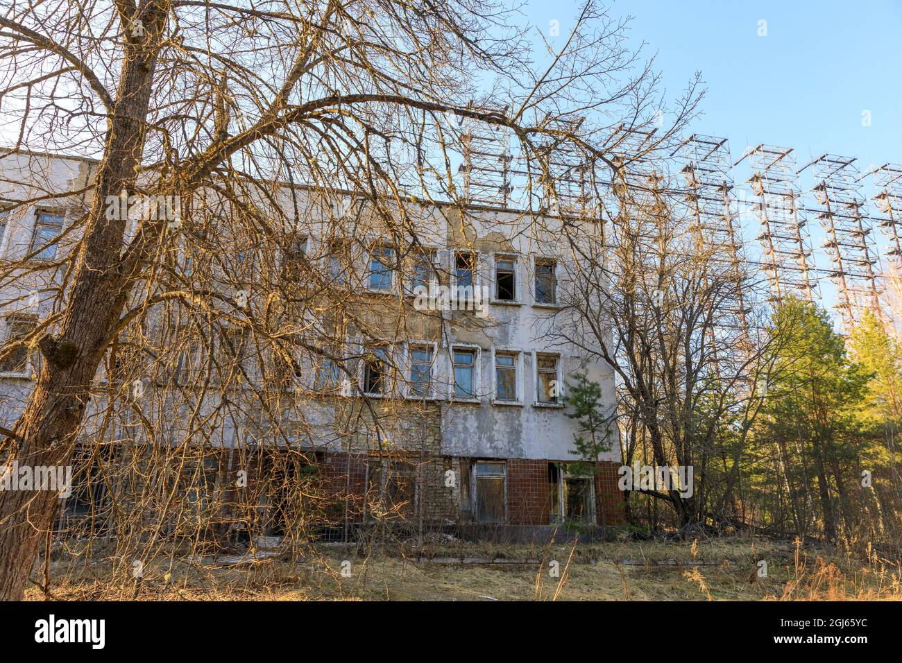 Ukraine, Pripyat, Chernobyl. Exterior of housing developments and ...