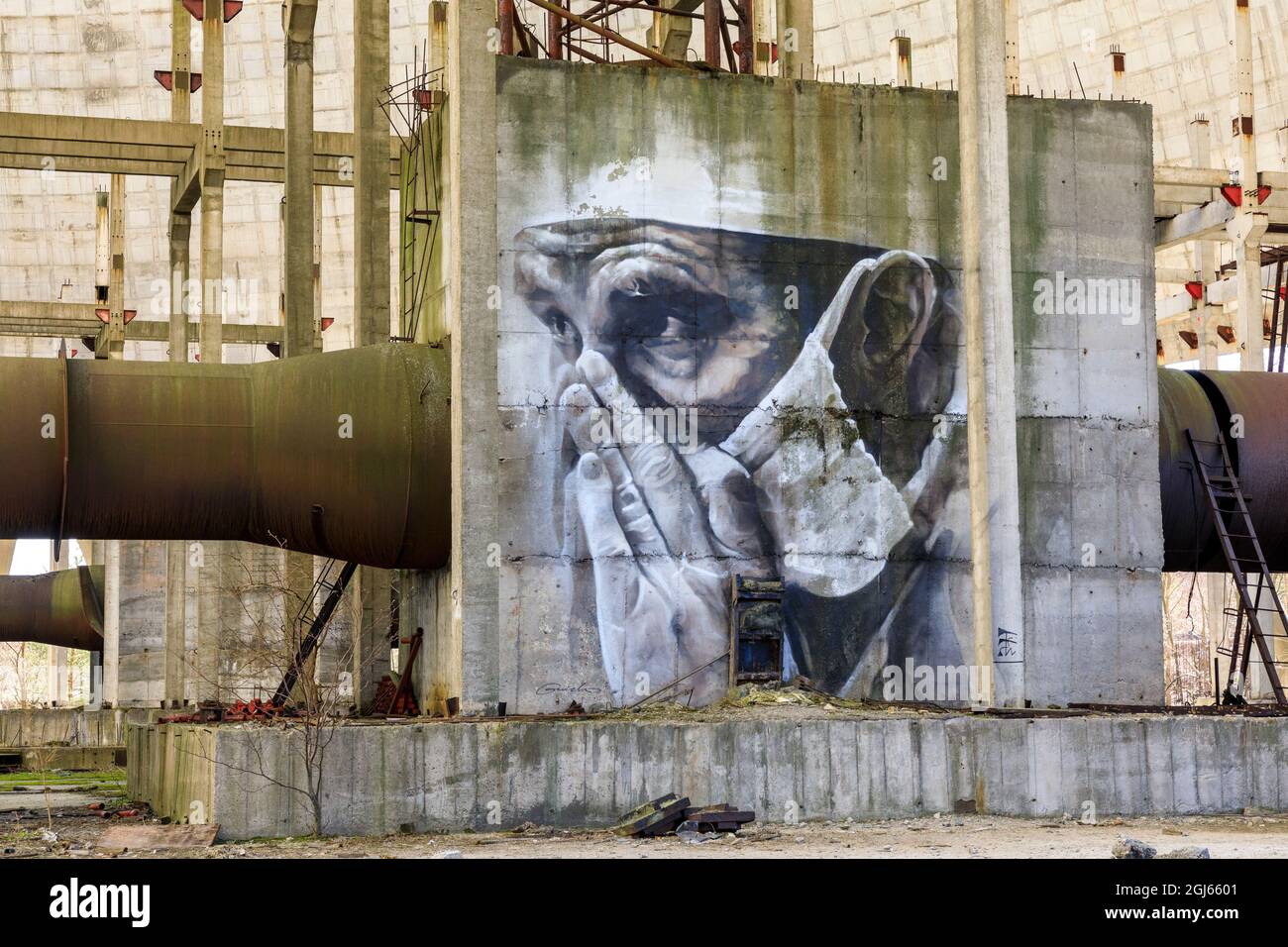 Ukraine, Pripyat, Chernobyl. Inside the unfinished cooling tower. A ...