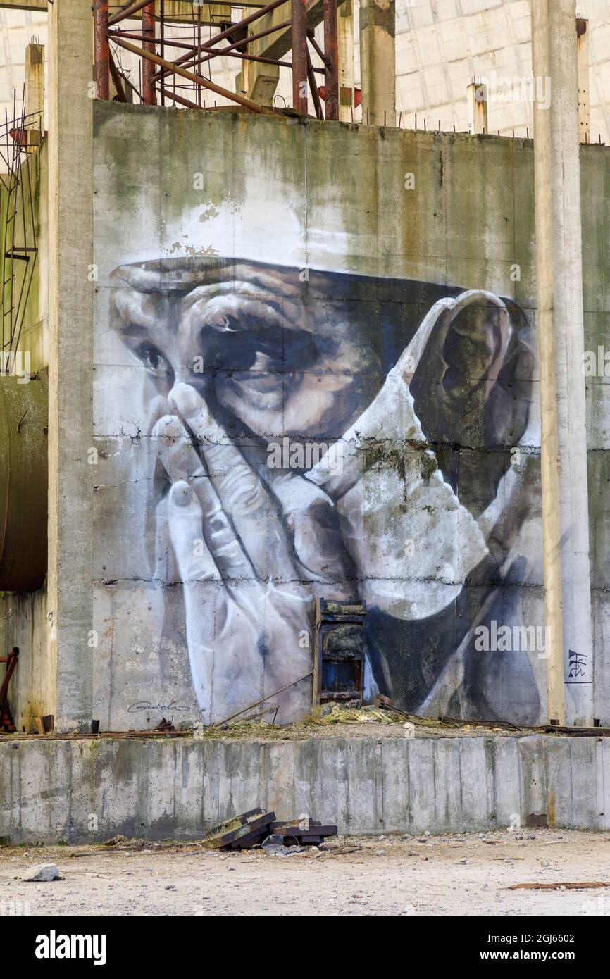 Ukraine, Pripyat, Chernobyl. Inside the unfinished cooling tower. A ...