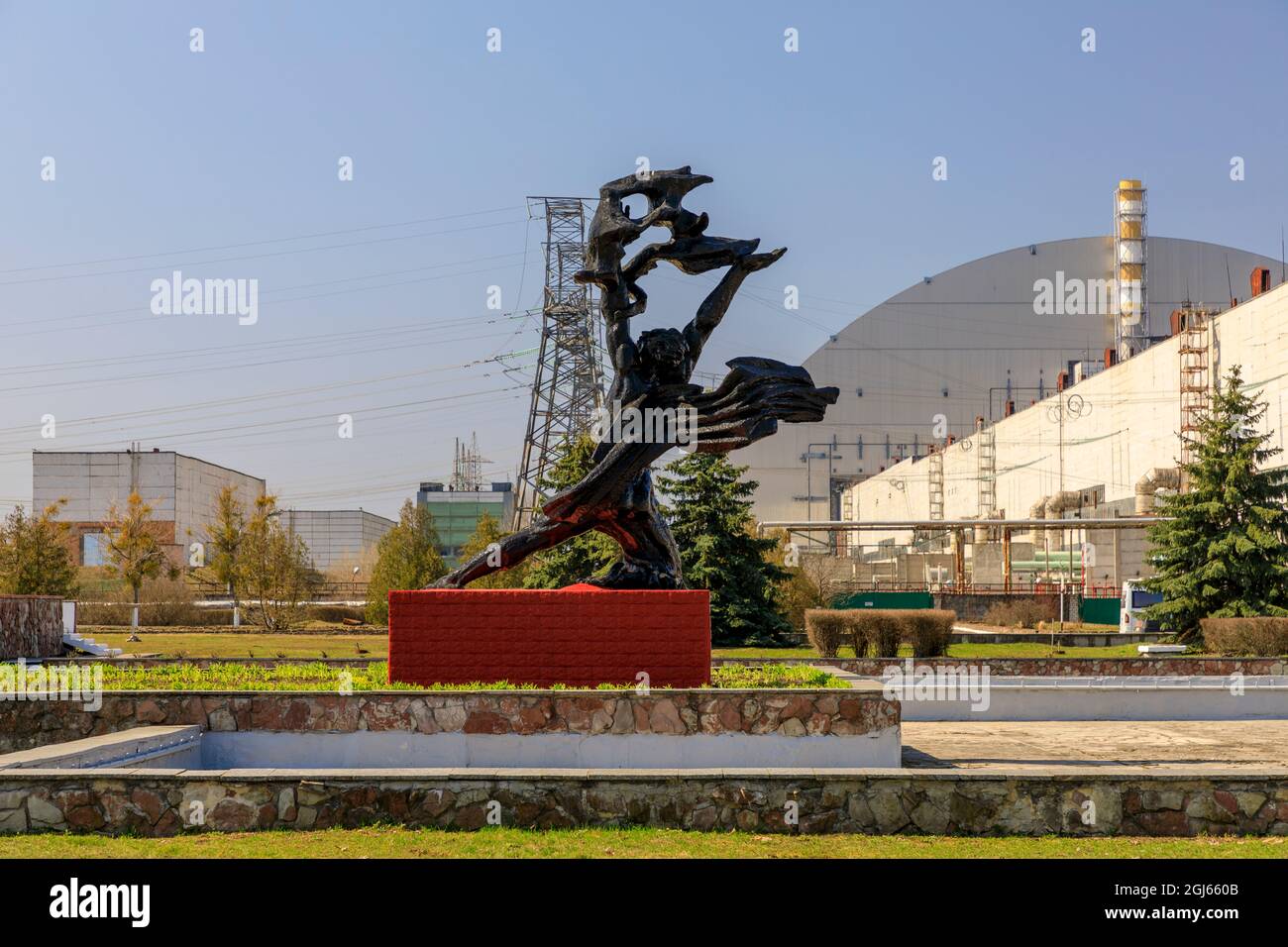 Ukraine, Pripyat, Chernobyl. A sculpture of Prometheus titled 'Taming ...