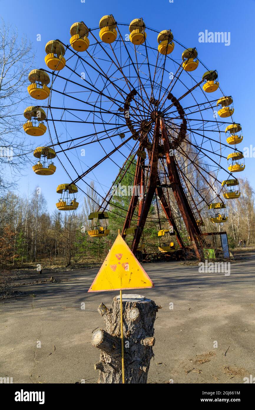 Ukraine, Pripyat, Chernobyl. Amusement park. Ferris wheel and radiation ...