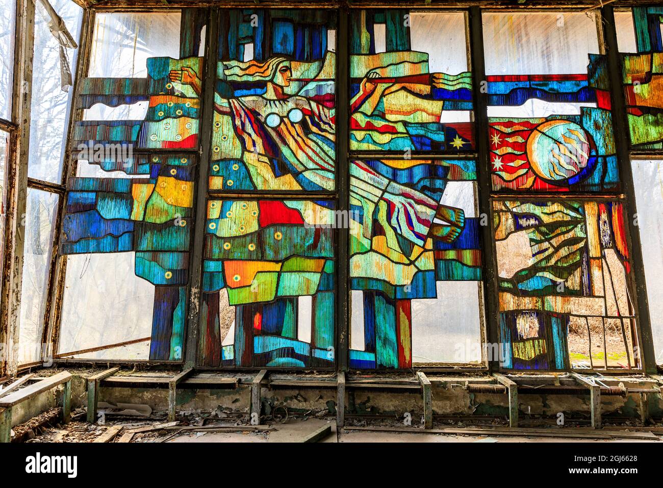 Ukraine, Pripyat, Chernobyl. Stained glass windows in Cafe Pripyat ...