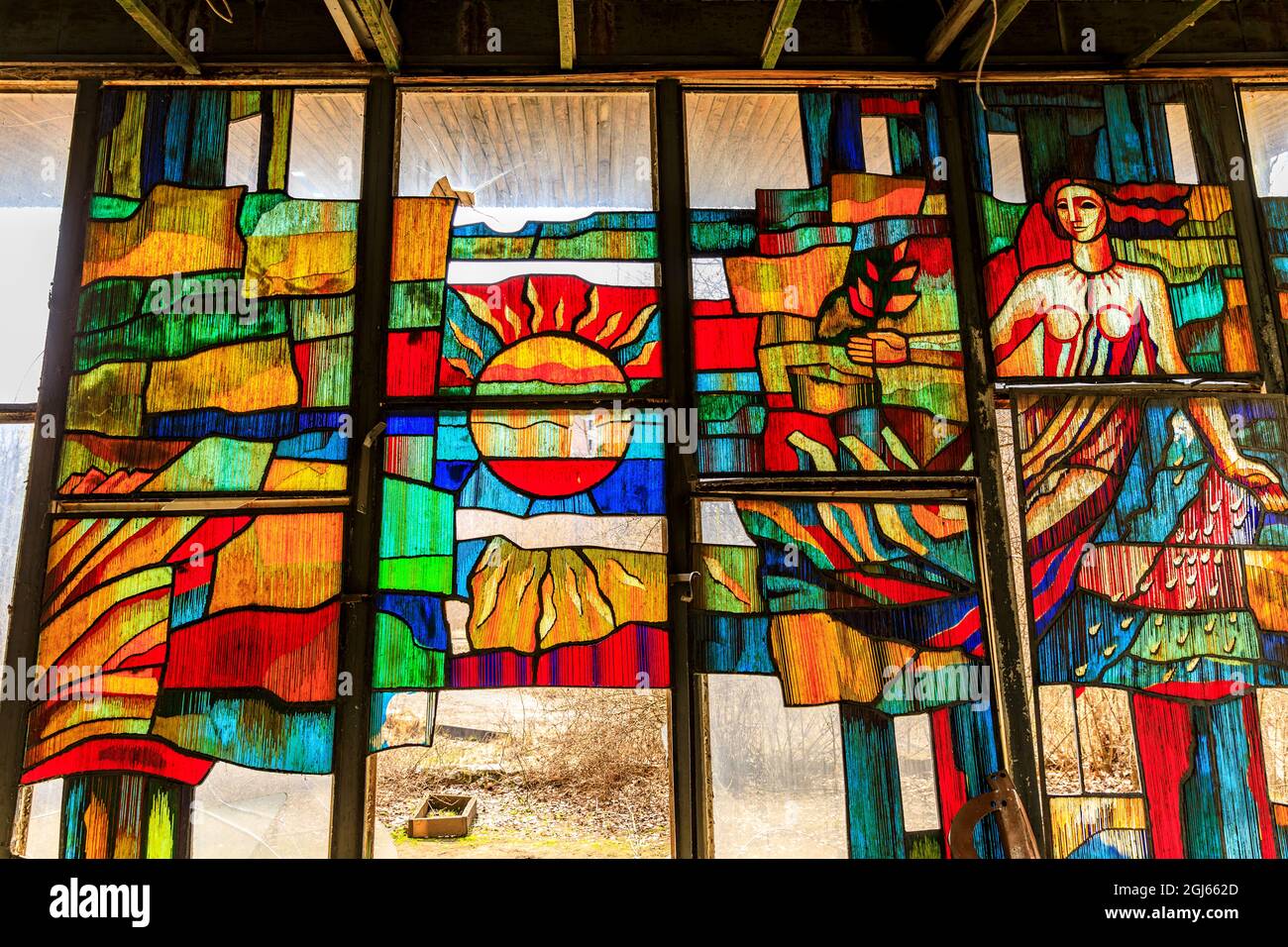 Ukraine, Pripyat, Chernobyl. Stained glass windows in Cafe Pripyat ...